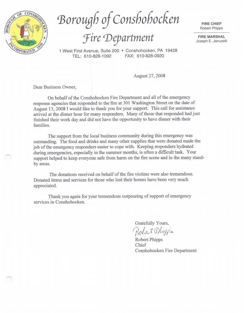 Conshohocken Fire Department - Thank You Letter - 2 - MoreThanTheCurve